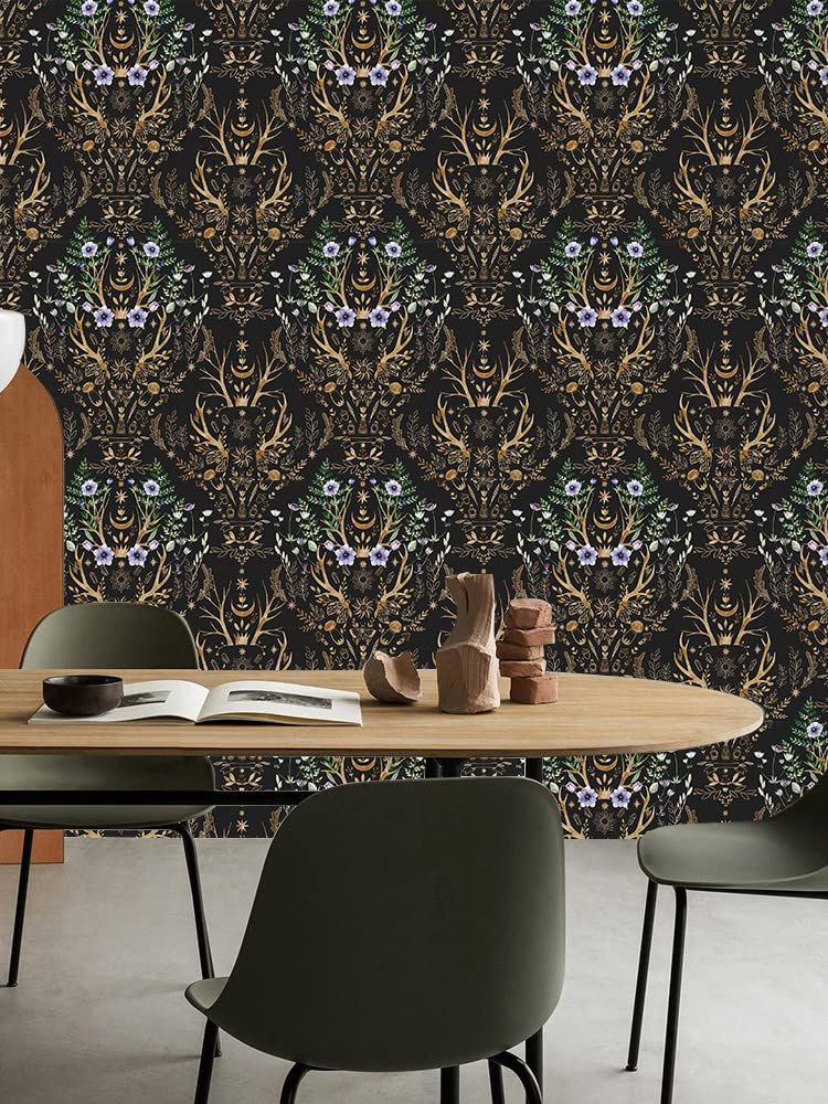HAOKHOME Gothic Wallpaper Peel and Stick Retro Floral Damask Bronze/Black/Purple Witchy Wall Decor Bathroom Removable Mural 17.7in x 9.8ft