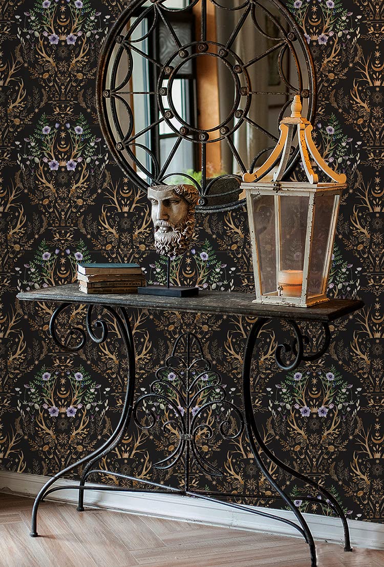 HAOKHOME Gothic Wallpaper Peel and Stick Retro Floral Damask Bronze/Black/Purple Witchy Wall Decor Bathroom Removable Mural 17.7in x 9.8ft