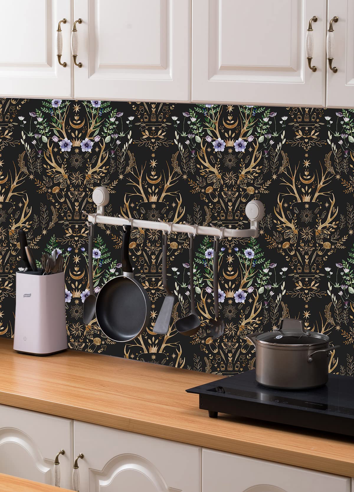 HAOKHOME Gothic Wallpaper Peel and Stick Retro Floral Damask Bronze/Black/Purple Witchy Wall Decor Bathroom Removable Mural 17.7in x 9.8ft