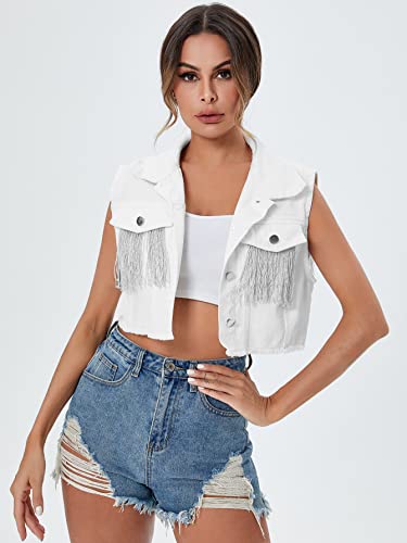 Verdusa Women's Fringe Raw Trim Sleeveless Denim Vest Jean Jacket Coat White S
