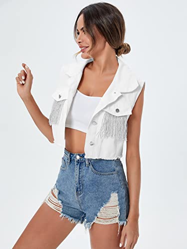 Verdusa Women's Fringe Raw Trim Sleeveless Denim Vest Jean Jacket Coat White S