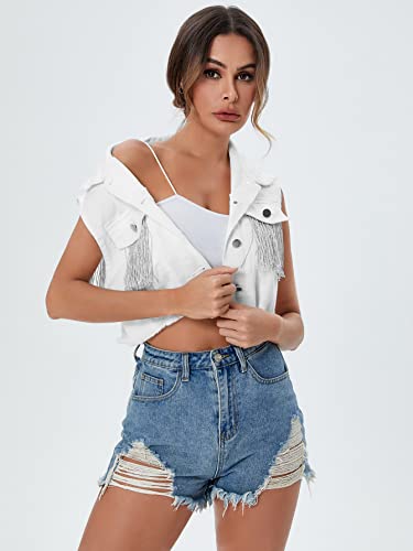 Verdusa Women's Fringe Raw Trim Sleeveless Denim Vest Jean Jacket Coat White S
