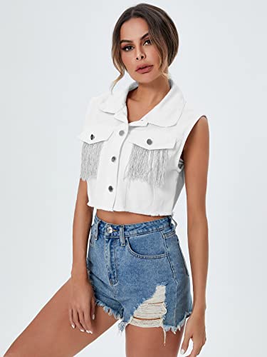 Verdusa Women's Fringe Raw Trim Sleeveless Denim Vest Jean Jacket Coat White S