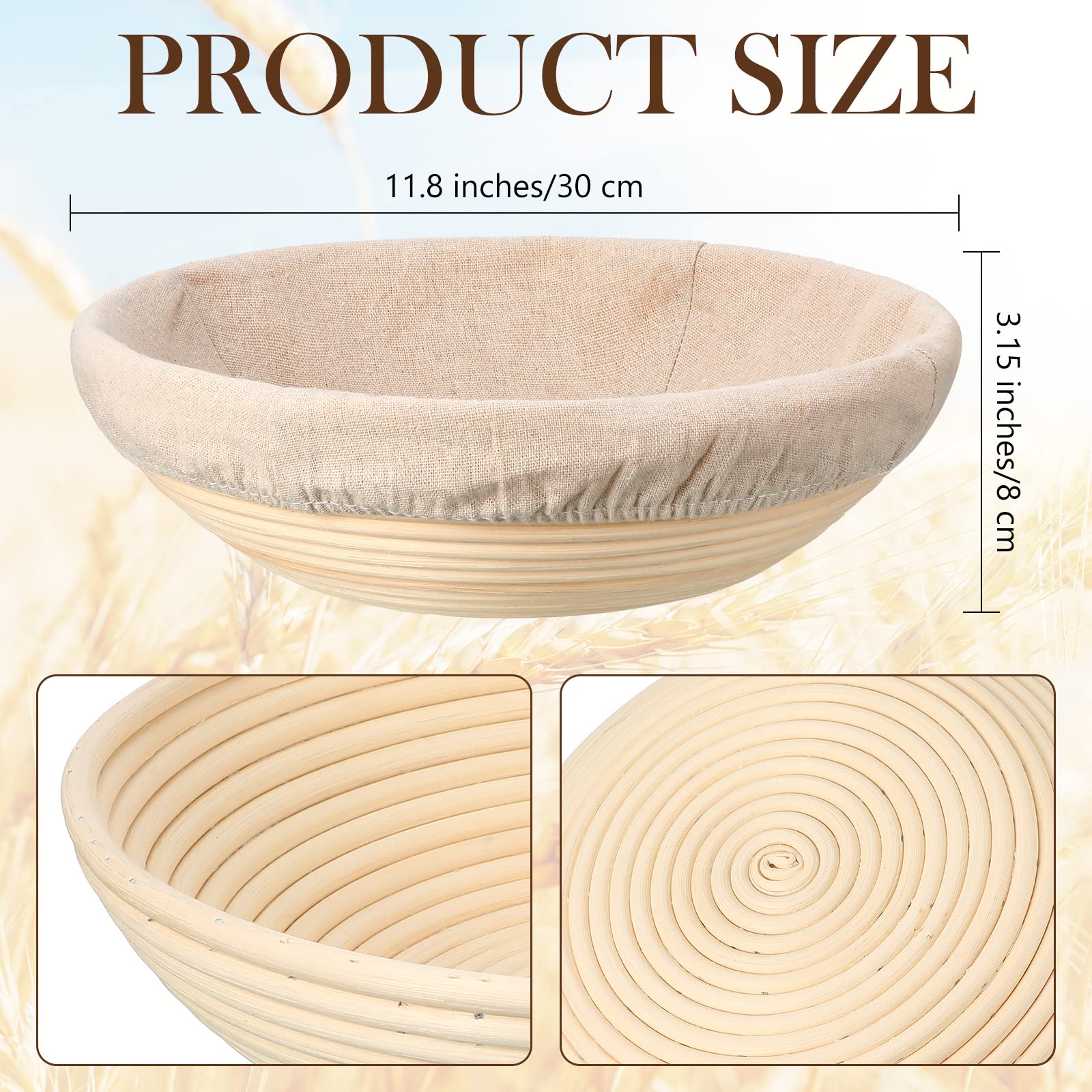 Set of 4 11.8" Bread Proofing Basket Round Sourdough Proofing Basket Bread Proofing Bowls for Rising and Baking Dough Proofing Rising Rattan Basket and Linen Liner Cloth for Home Bakers