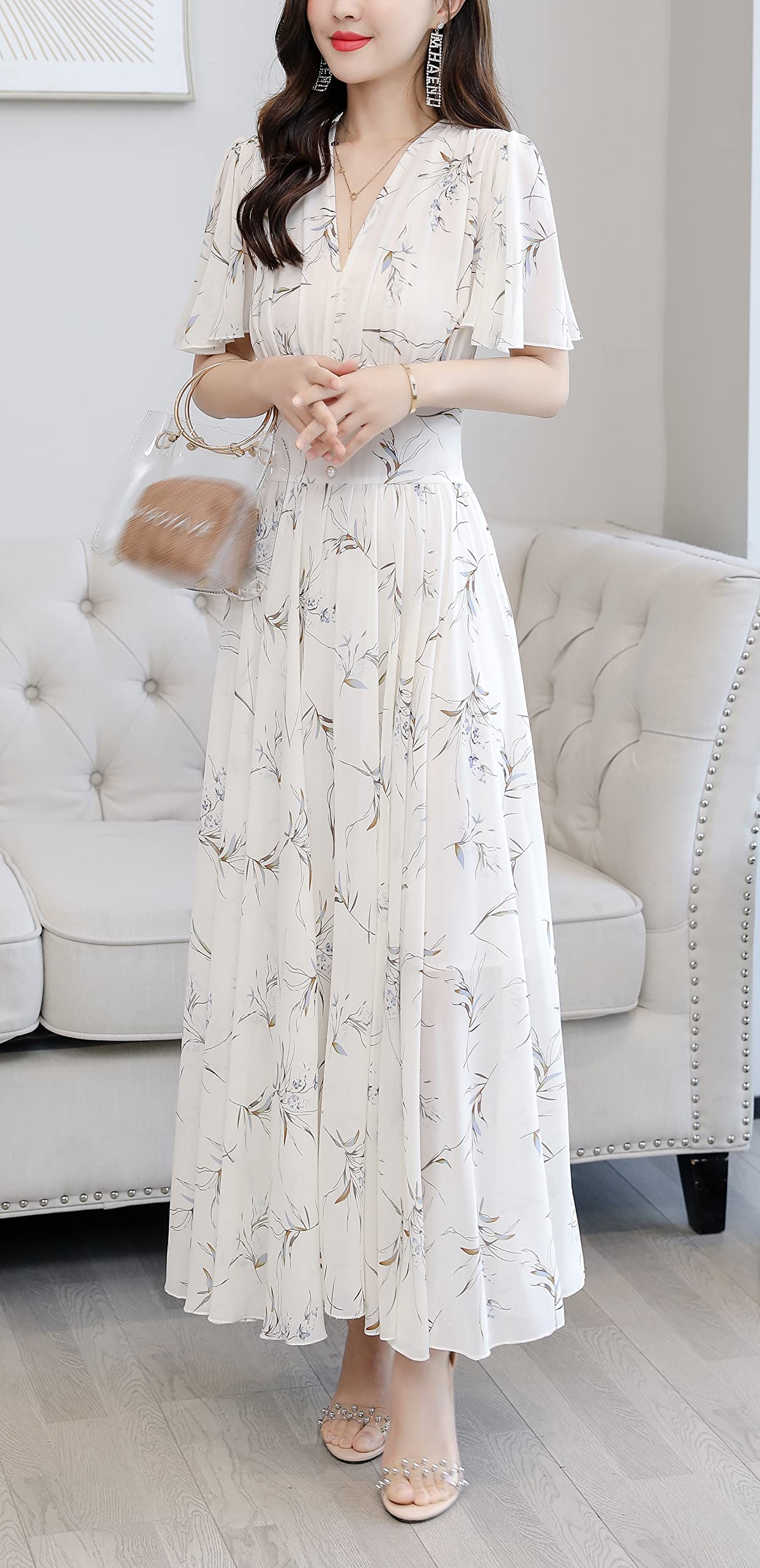 LAI MENG FIVE CATS Women's Elegant Floral Print Button up Casual A-line Flowy Maxi Dress