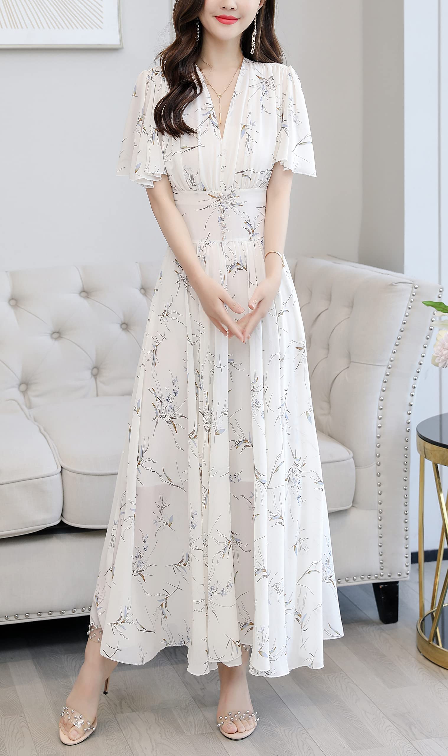 LAI MENG FIVE CATS Women's Elegant Floral Print Button up Casual A-line Flowy Maxi Dress