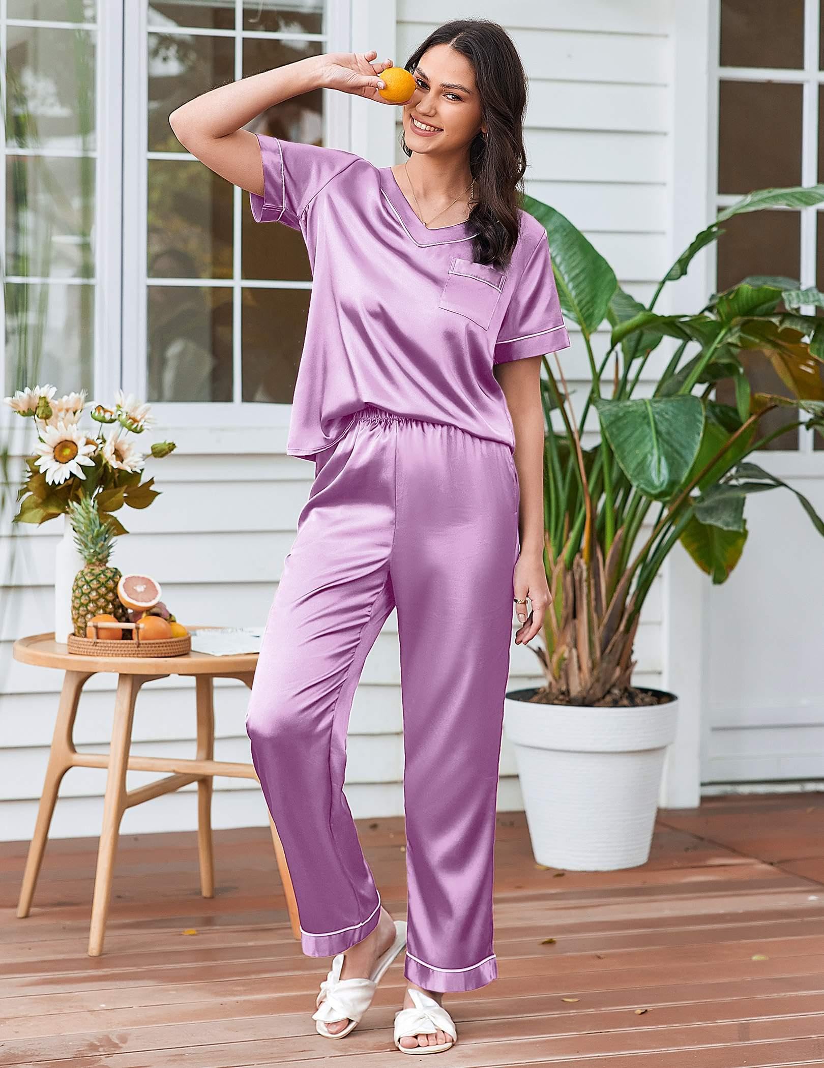Ekouaer Silky Pajamas for Women Silk Pajamas for Women Classic Satin Sleep Sets Short Sleeve Pjs Set Loungewear Lavender L
