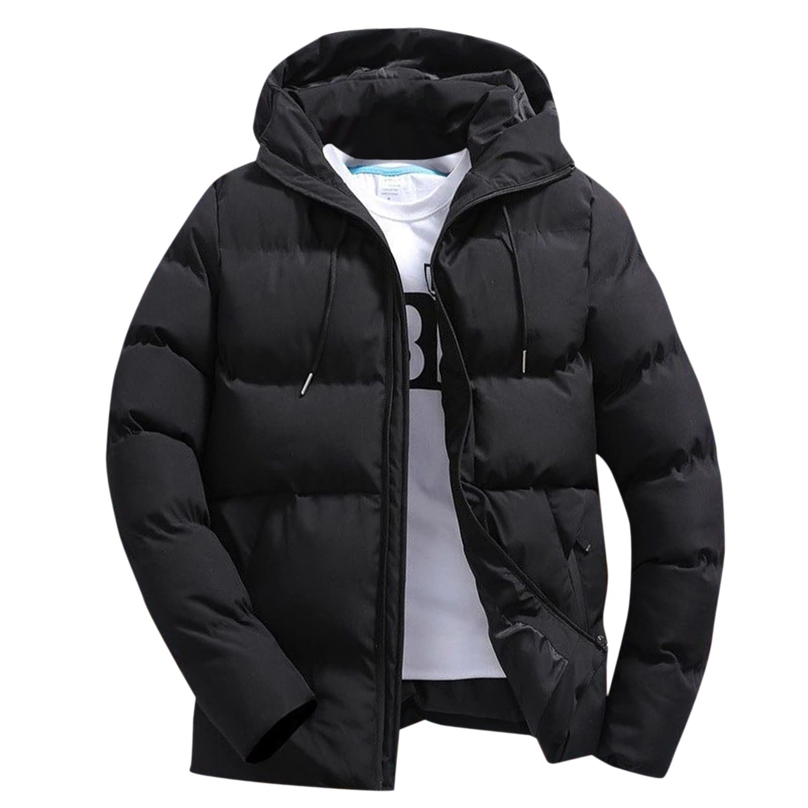 Men's Hooded Quilted Down Jacket, Men's Winter Water Resistant Hooded Puffer Jackets Zip Up Windbreaker Jacket with Pockets(G-Black,Large)