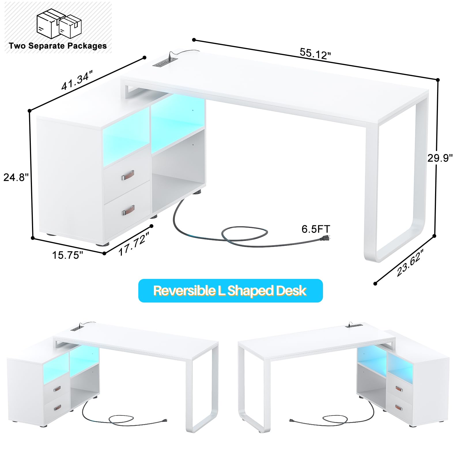 Homieasy L Shaped Desk with File Cabinet & Power Outlet, Reversible 55 Inch Large Corner Computer Desks with LED Strip, L-Shaped Desk with Drawers and Storage Shelves for Home Office, White