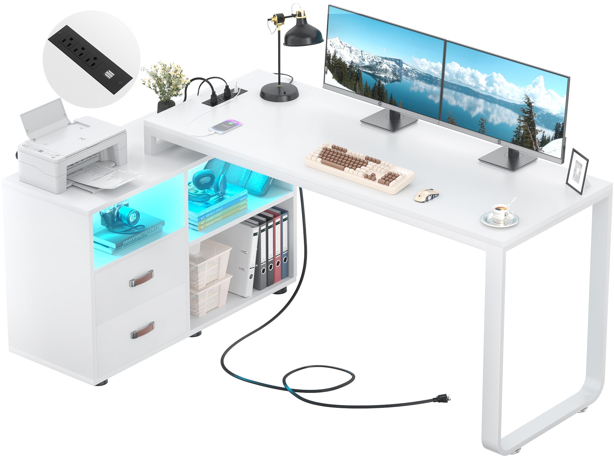 Homieasy L Shaped Desk with File Cabinet & Power Outlet, Reversible 55 Inch Large Corner Computer Desks with LED Strip, L-Shaped Desk with Drawers and Storage Shelves for Home Office, White