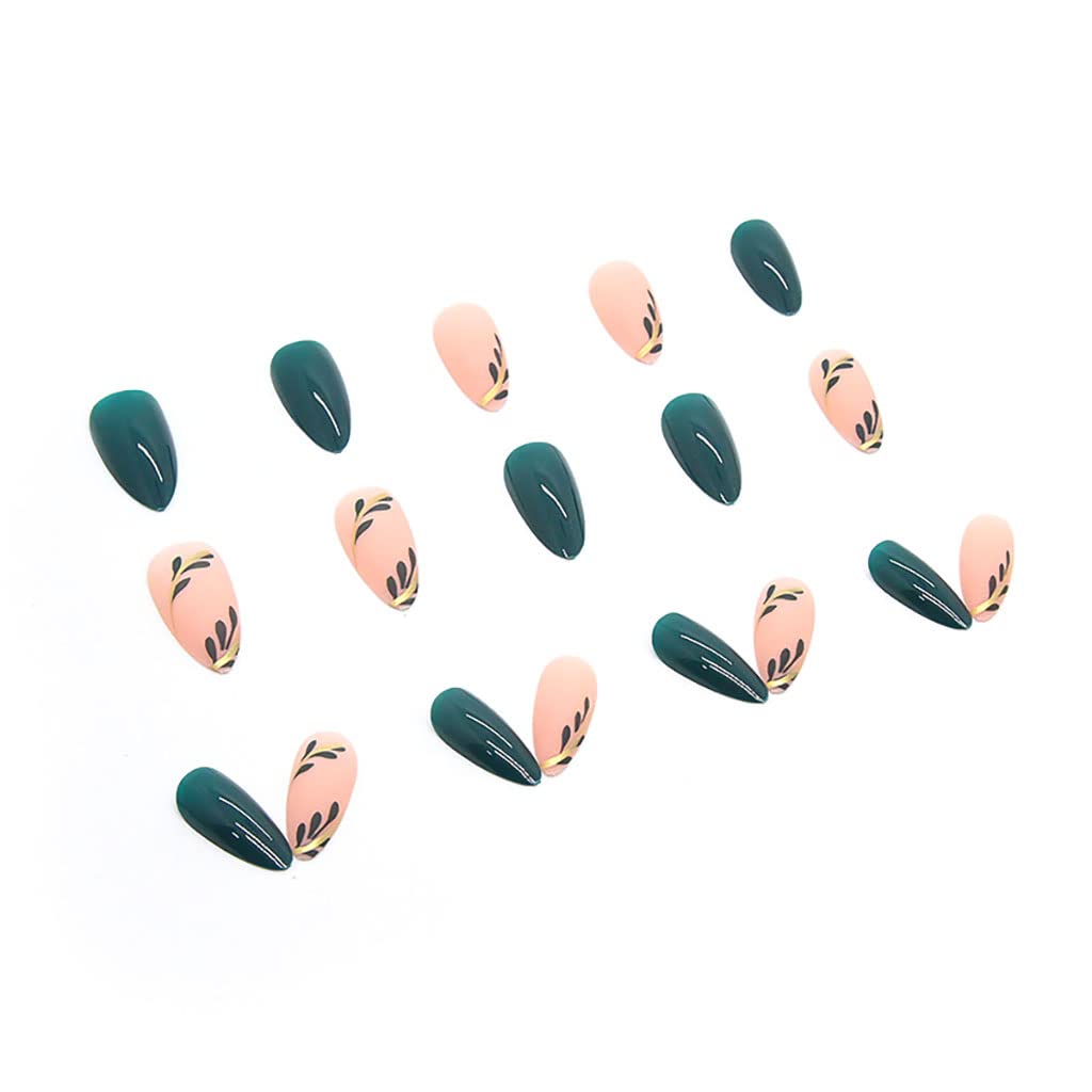 RikView Fall Press on Nails Long Acrylic Almond Fake Green Full Cover For Women