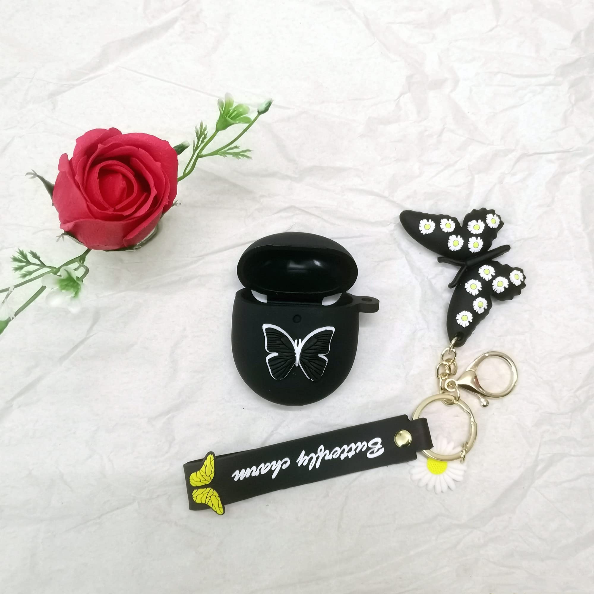 for Google Pixel Buds Pro Case Cover 2022 with Keychain, Cute Cartoon Butterfly Soft Silicone Skin Cover Shockproof Pixel Buds Pro Charging Earbuds Protective Accesorries for Women Girls Men (Black)