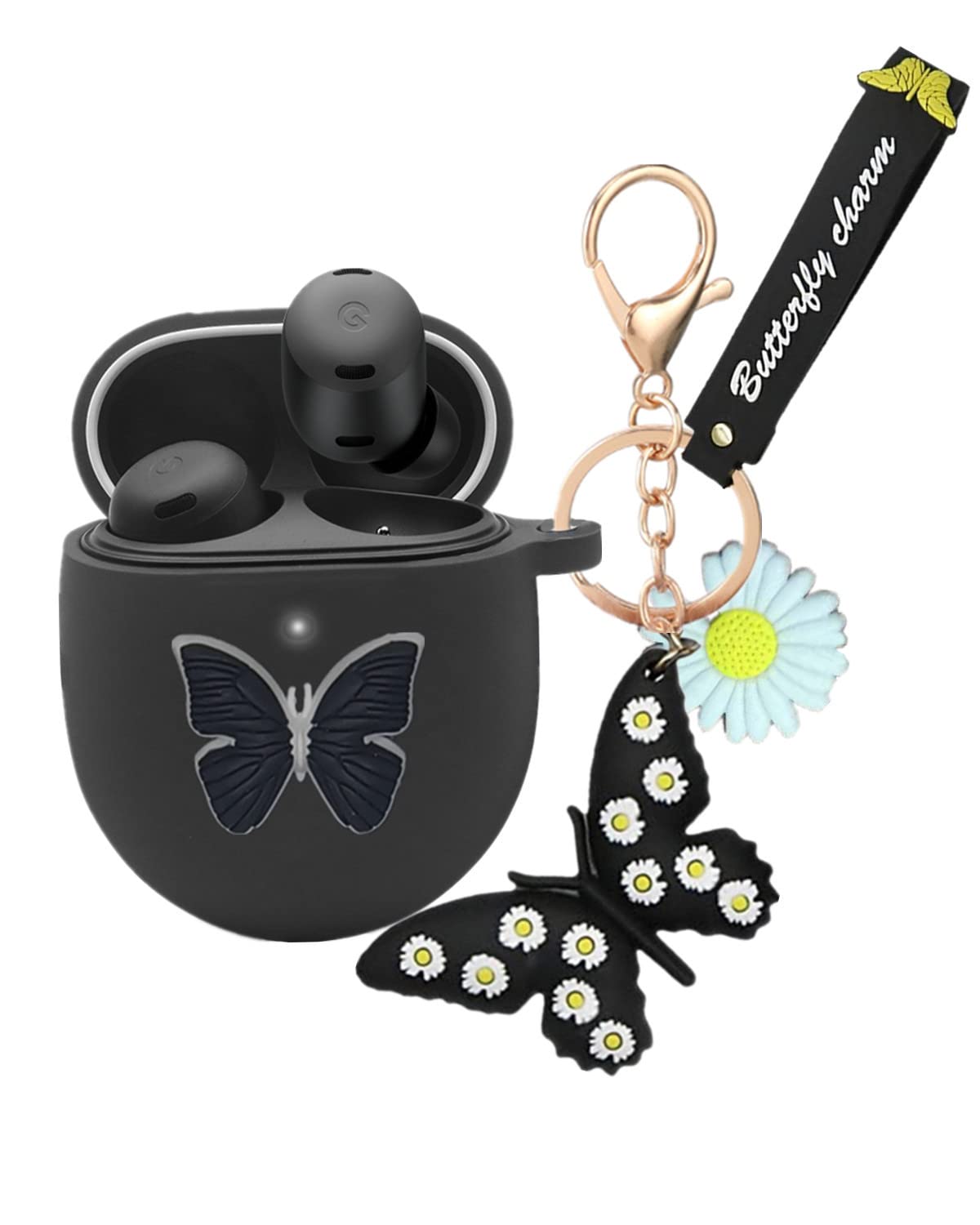 for Google Pixel Buds Pro Case Cover 2022 with Keychain, Cute Cartoon Butterfly Soft Silicone Skin Cover Shockproof Pixel Buds Pro Charging Earbuds Protective Accesorries for Women Girls Men (Black)