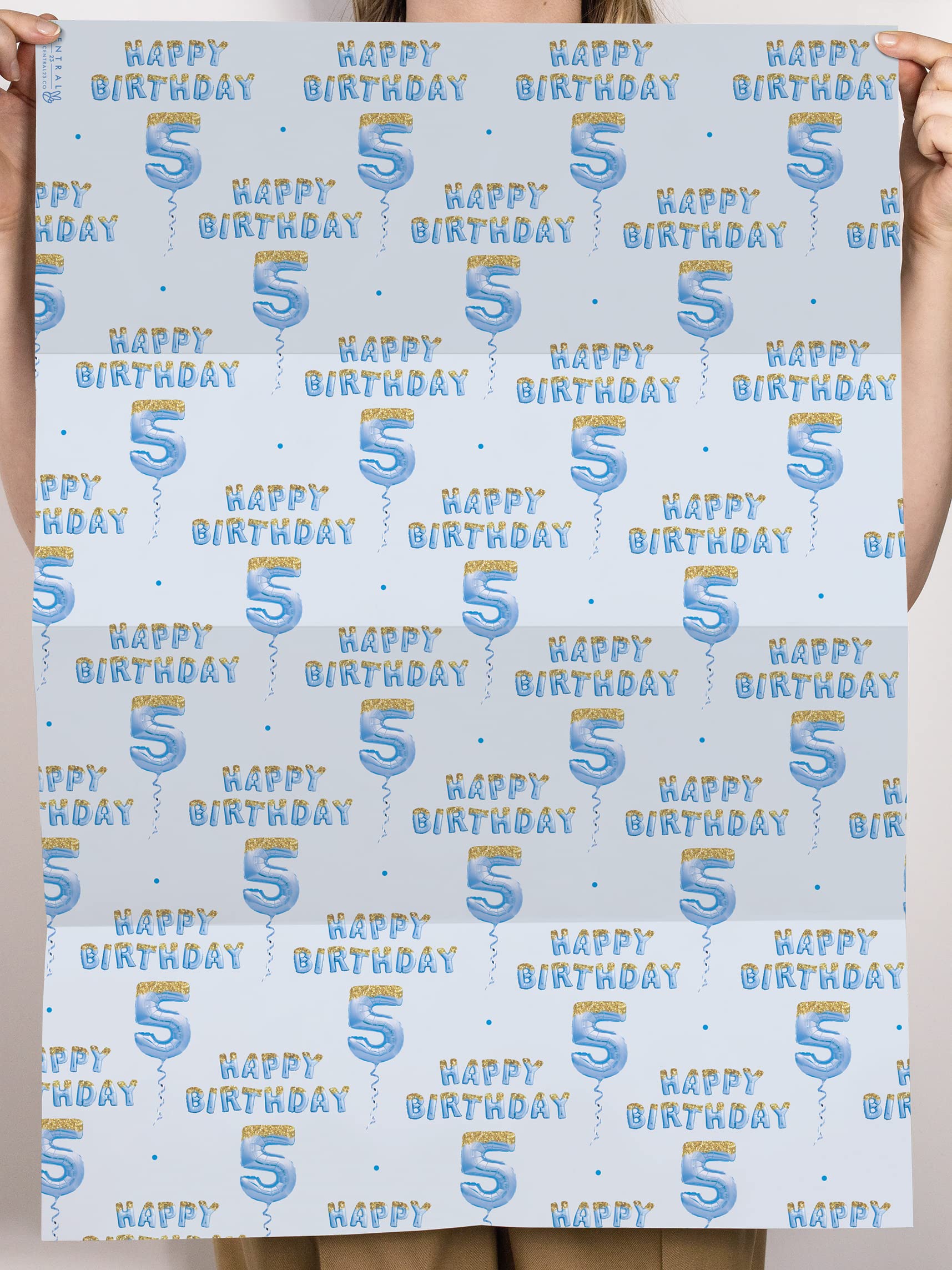 CENTRAL 23 Blue Wrapping Paper for Boys - Age Five - 6 Sheets Birthday Gift Wrap - Happy 5th Birthday Wrapping Paper - Comes With Stickers - Recyclable