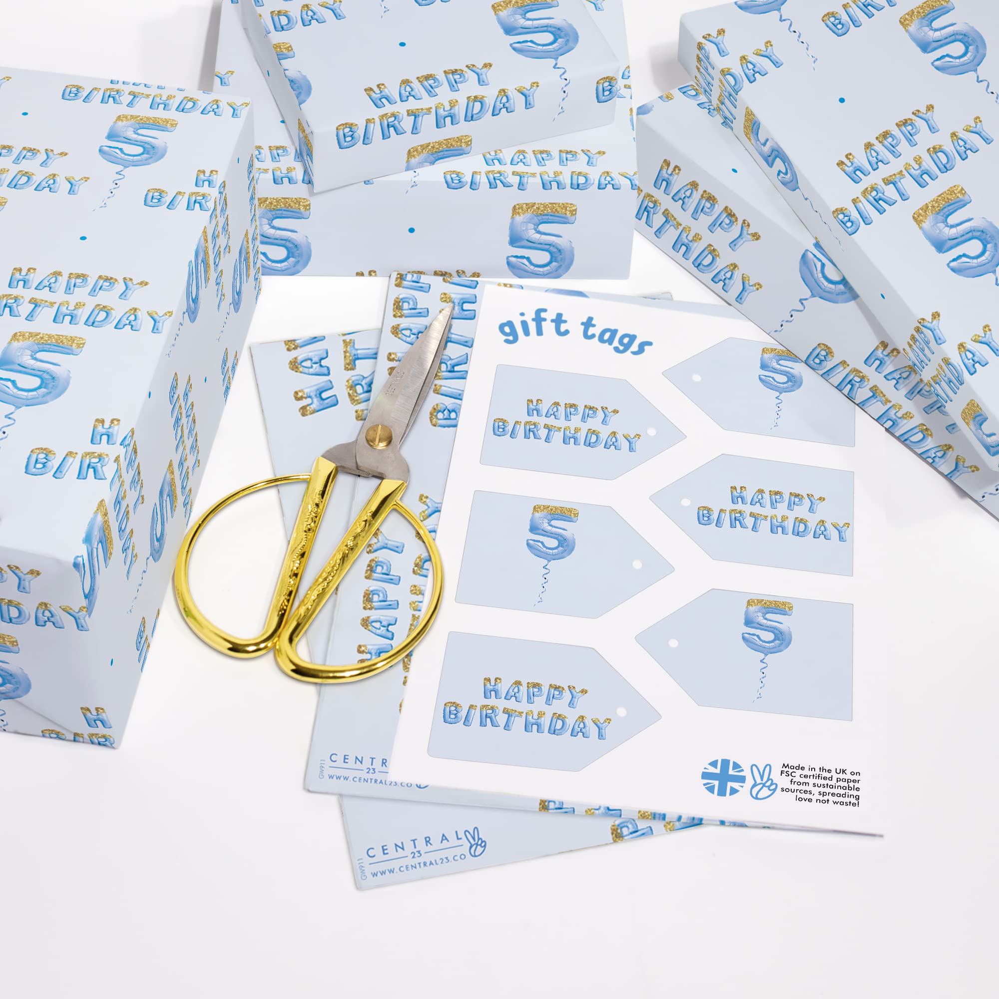 CENTRAL 23 Blue Wrapping Paper for Boys - Age Five - 6 Sheets Birthday Gift Wrap - Happy 5th Birthday Wrapping Paper - Comes With Stickers - Recyclable