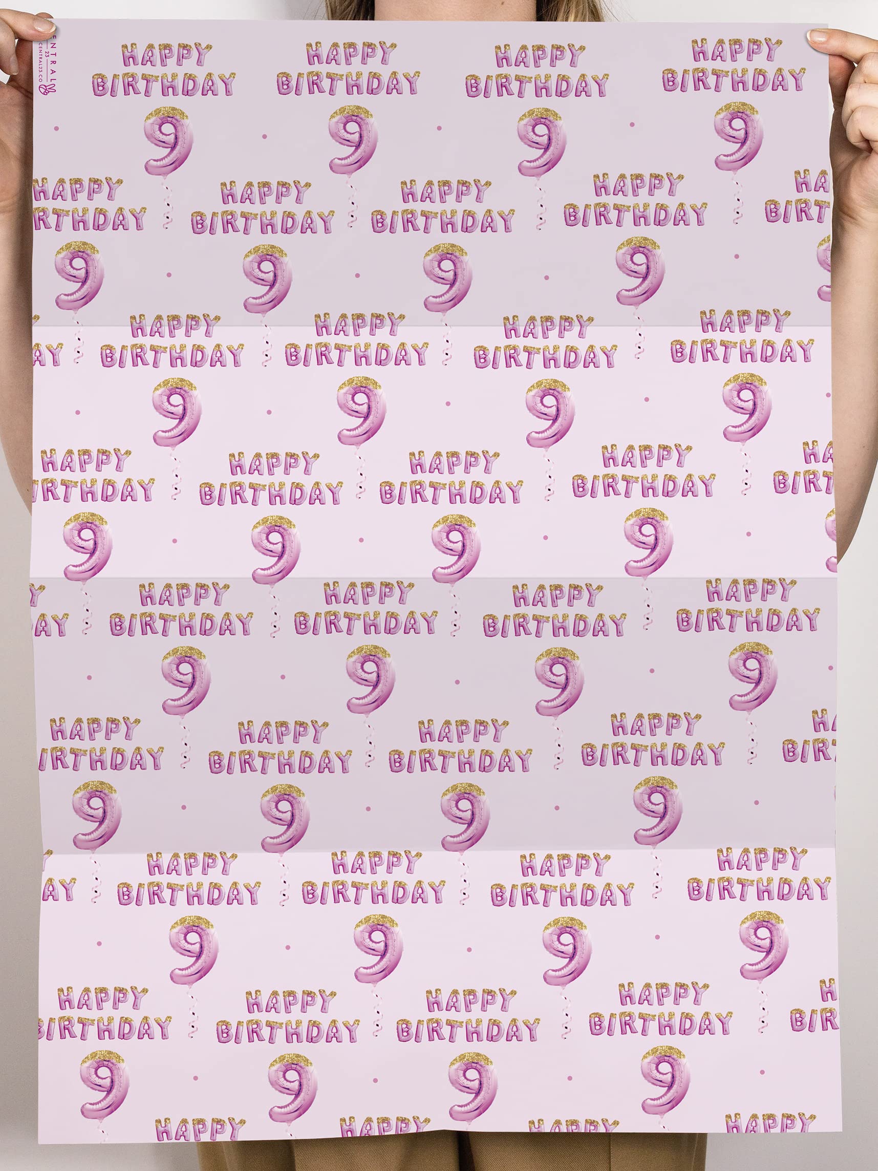CENTRAL 23 Happy Birthday Wrapping Paper - 9 Year Old - 6 Sheets Pink Wrapping Paper - Girls Birthday Wrapping Paper - Comes With Stickers - Recyclable