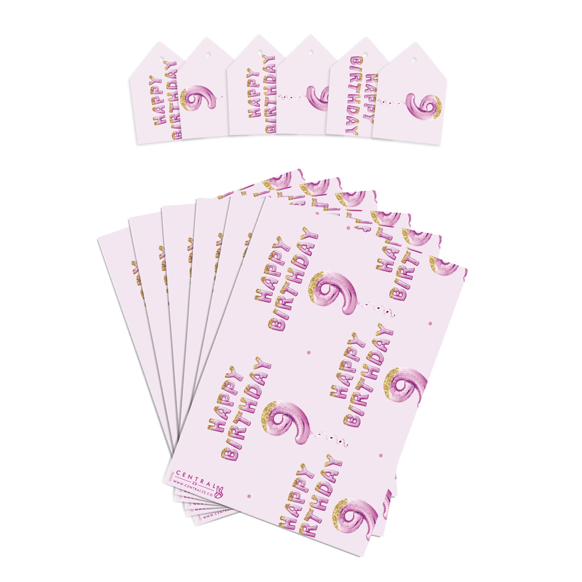 CENTRAL 23 Happy Birthday Wrapping Paper - 9 Year Old - 6 Sheets Pink Wrapping Paper - Girls Birthday Wrapping Paper - Comes With Stickers - Recyclable