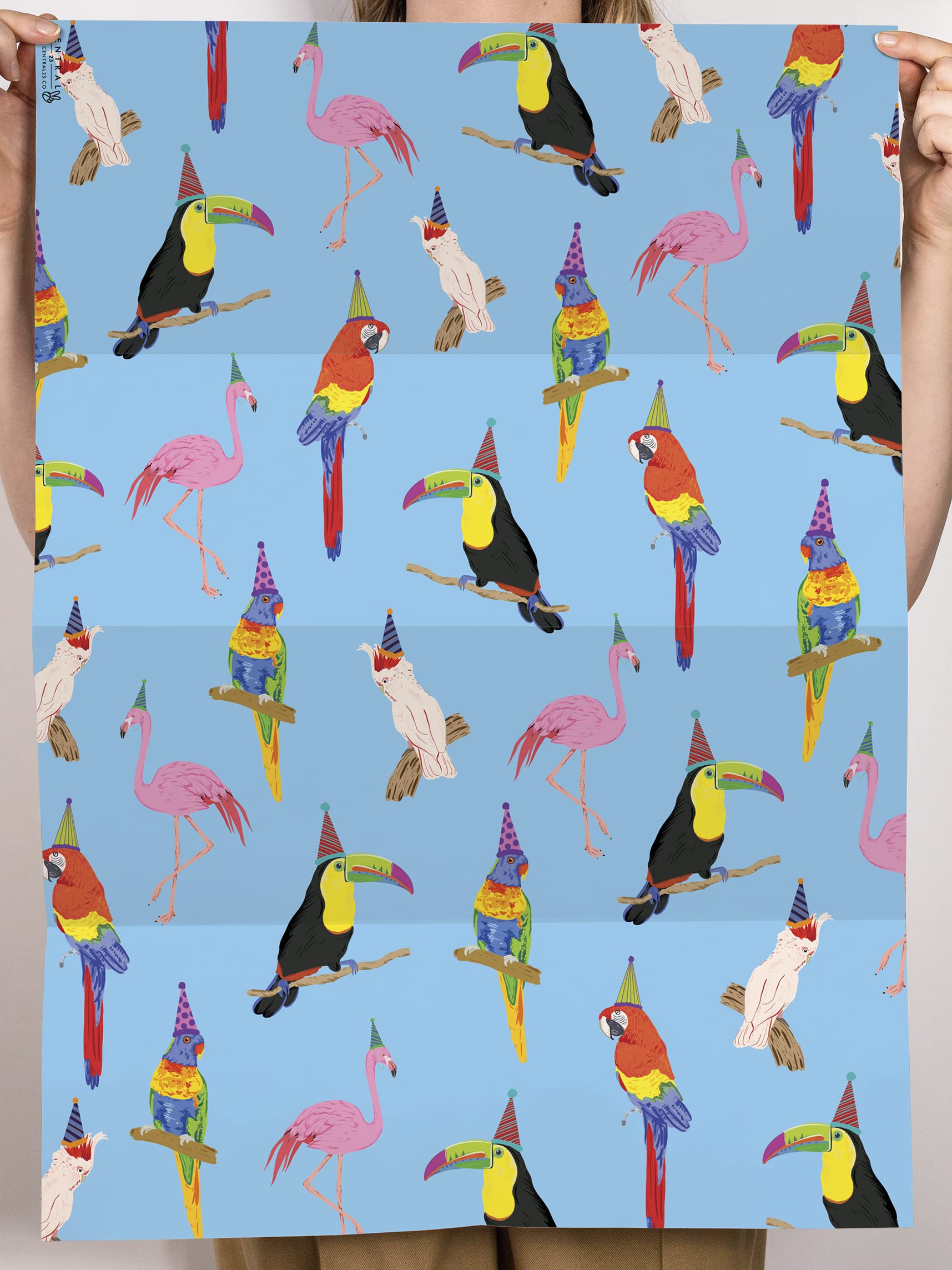 CENTRAL 23 Birthday Wrapping Paper For Kids Boys Girls - 6 Sheets Blue Gift Wrap - Party Birds Parrots Flamingo - Recyclable
