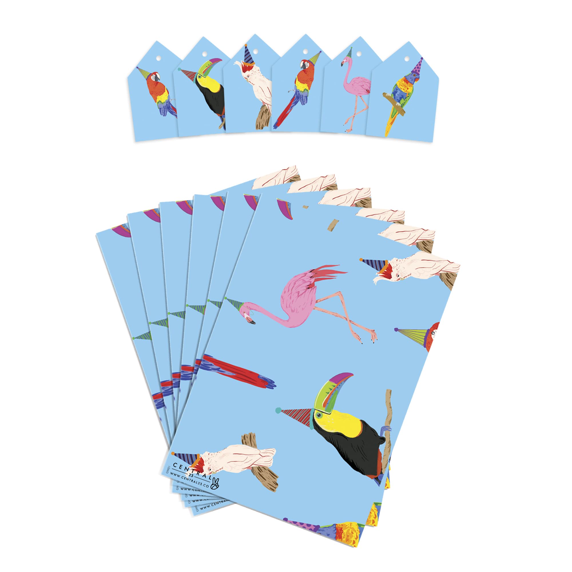 CENTRAL 23 Birthday Wrapping Paper For Kids Boys Girls - 6 Sheets Blue Gift Wrap - Party Birds Parrots Flamingo - Recyclable