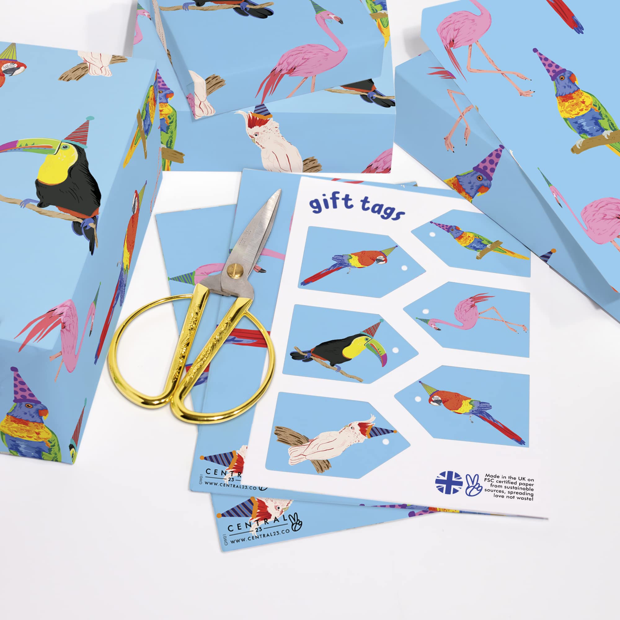 CENTRAL 23 Birthday Wrapping Paper For Kids Boys Girls - 6 Sheets Blue Gift Wrap - Party Birds Parrots Flamingo - Recyclable