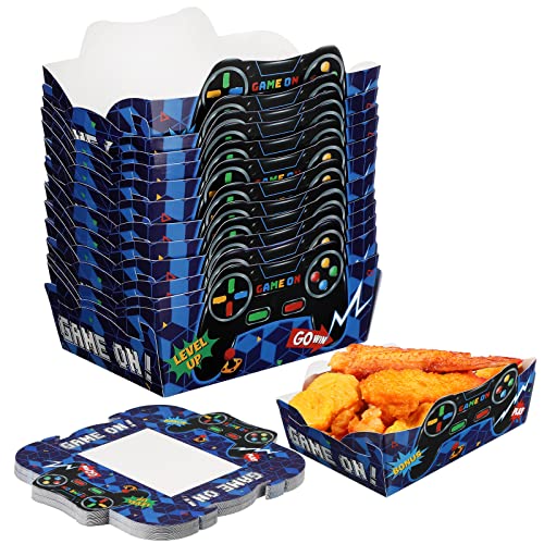 Funrous 50 Pcs Video Game Birthday Party Favors 2lb Disposable Paper Food Trays Snack Plates Gamer Birthday Party Decorations Supplies Gaming Food Boats Serving Trays for Nacho Hot Dogs Popcorn(Blue)
