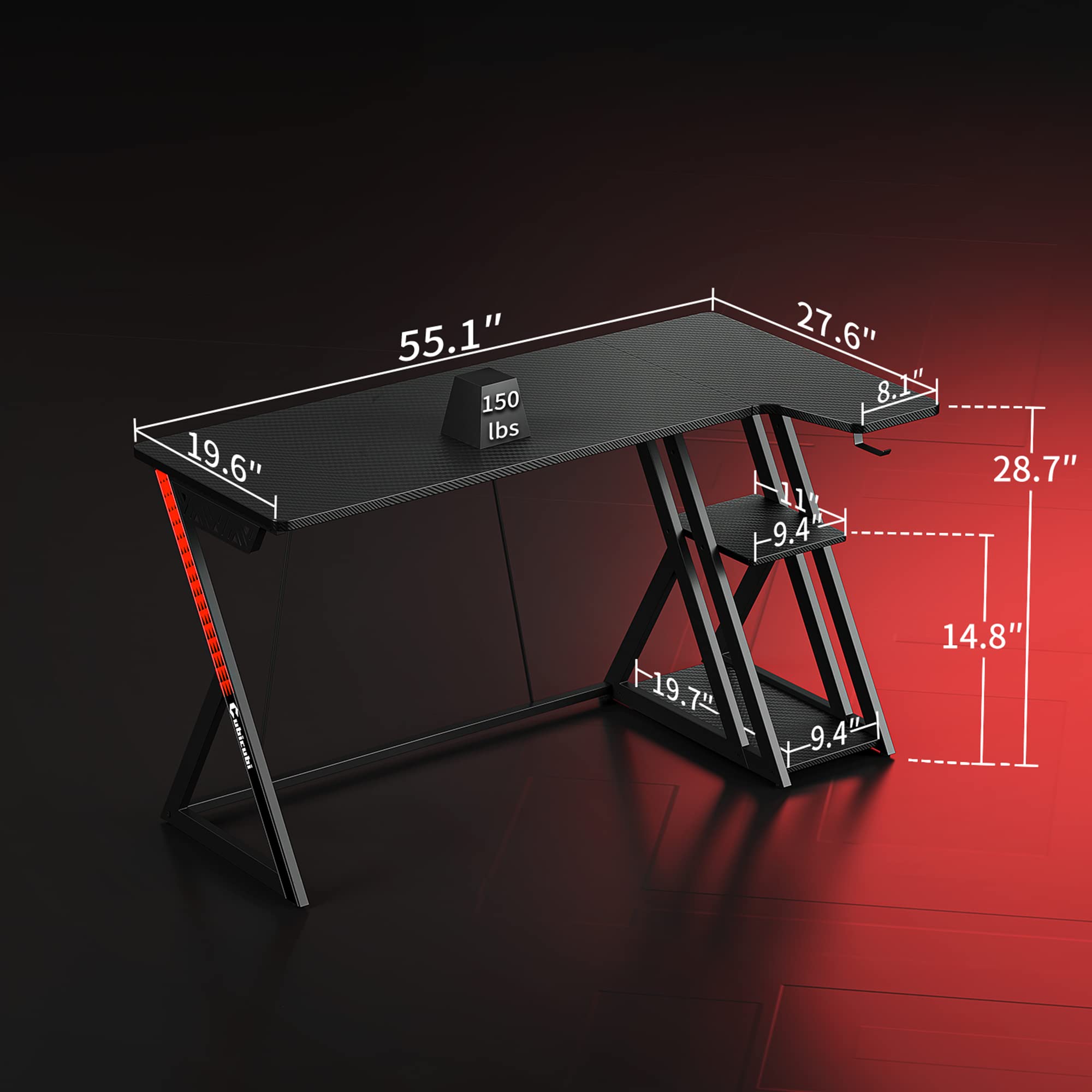 CubiCubi Aurora Gaming Desk with Carbon Fiber Surface, 55 Inch L Shaped Desk with Storage Shelves, Small Corner Computer Desk with Monitor Shelf, Gamer Desk PC Table, Black