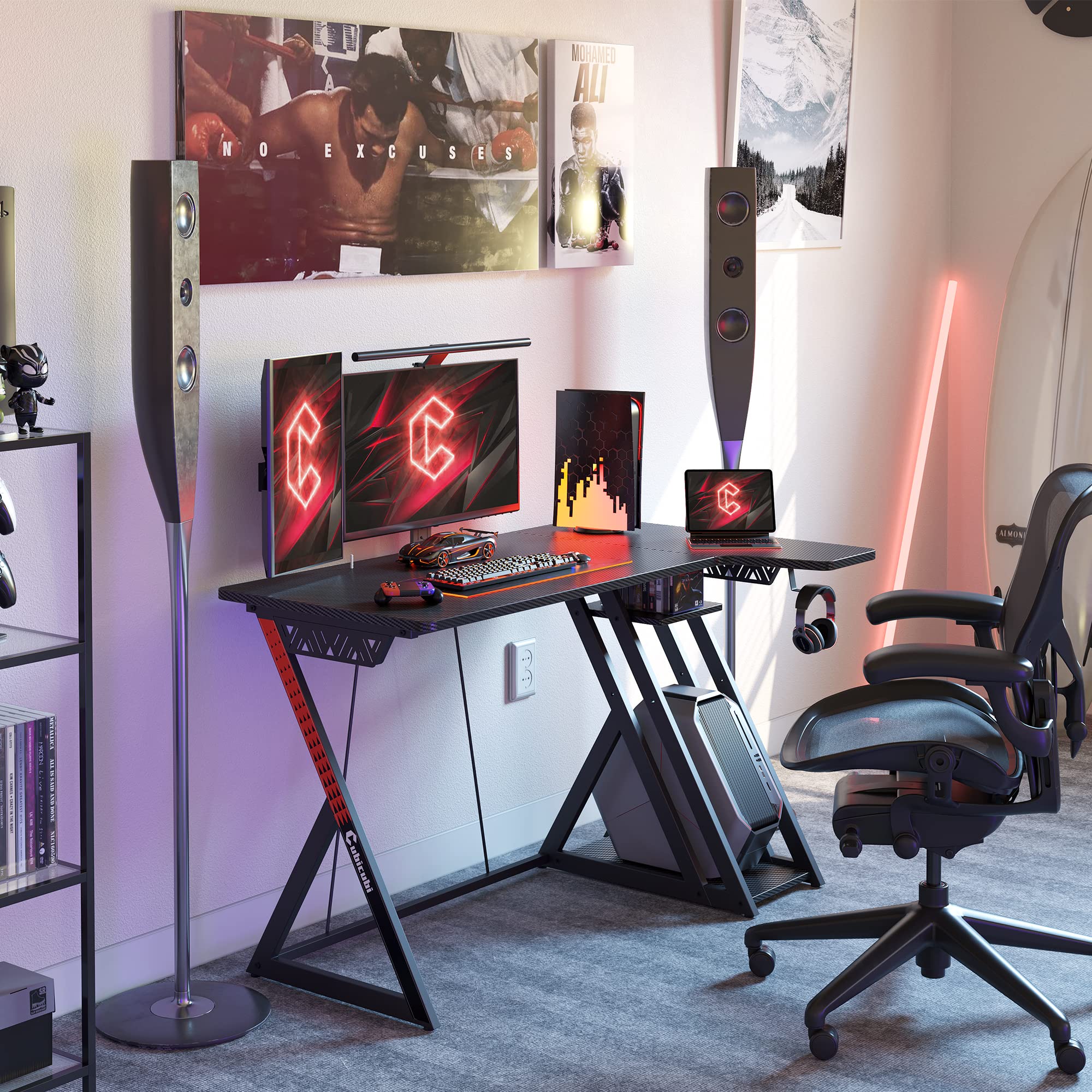 CubiCubi Aurora Gaming Desk with Carbon Fiber Surface, 55 Inch L Shaped Desk with Storage Shelves, Small Corner Computer Desk with Monitor Shelf, Gamer Desk PC Table, Black