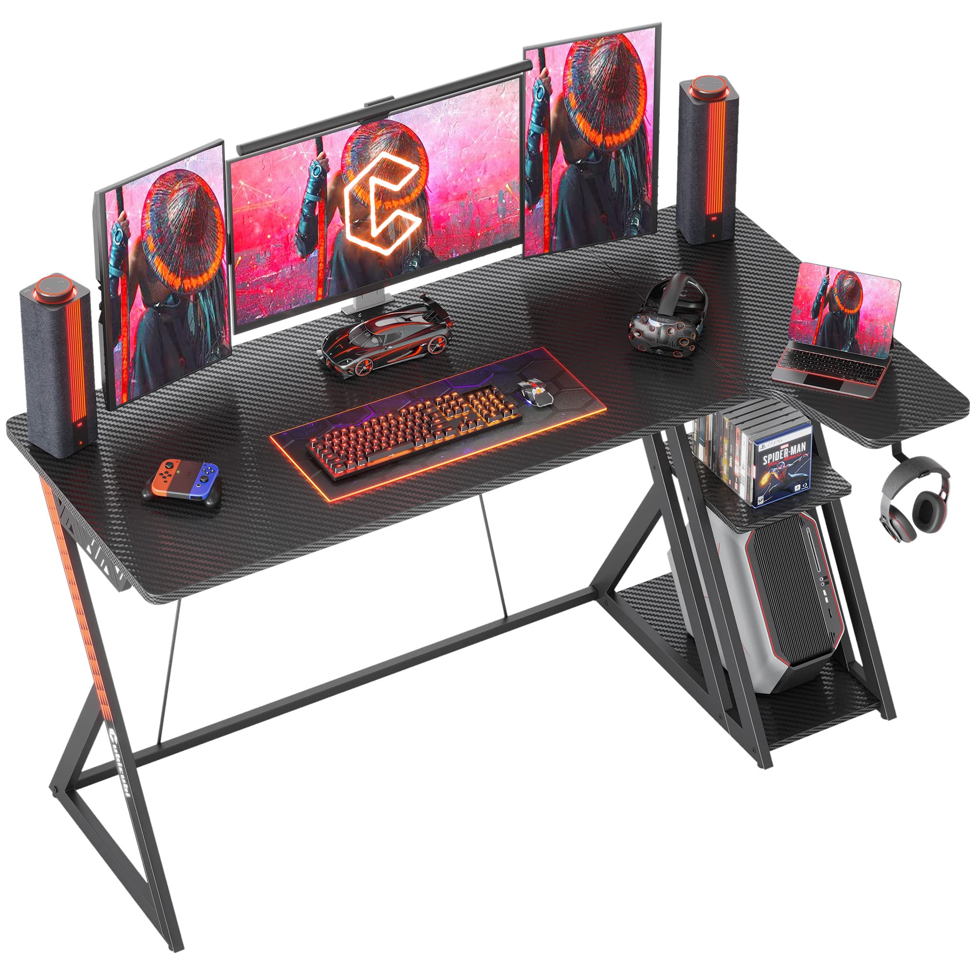 CubiCubi Aurora Gaming Desk with Carbon Fiber Surface, 55 Inch L Shaped Desk with Storage Shelves, Small Corner Computer Desk with Monitor Shelf, Gamer Desk PC Table, Black