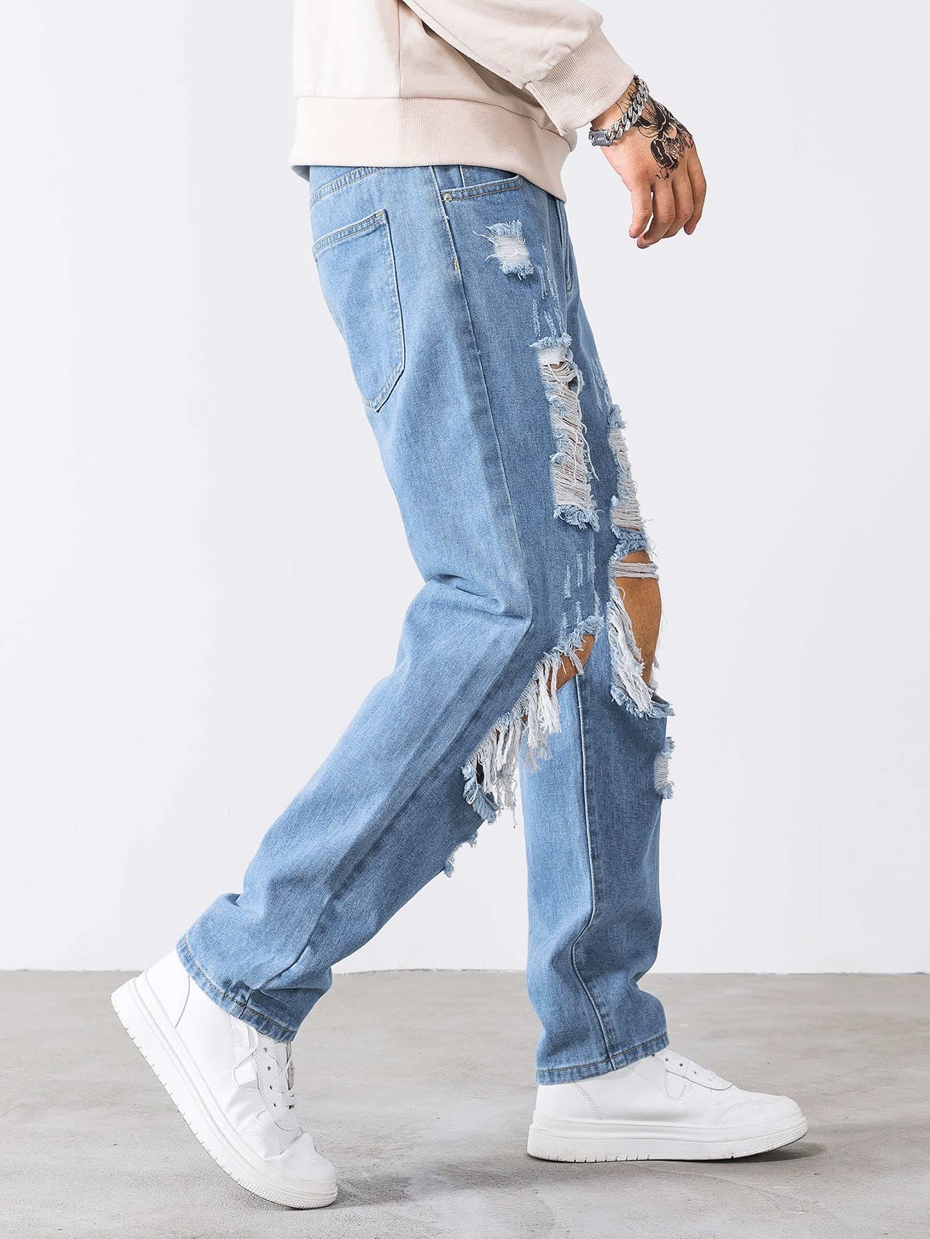WDIRARA Men's Cut Out Ripped Frayed Zipper Fly Long Straight Leg Denim Jeans Light Wash S