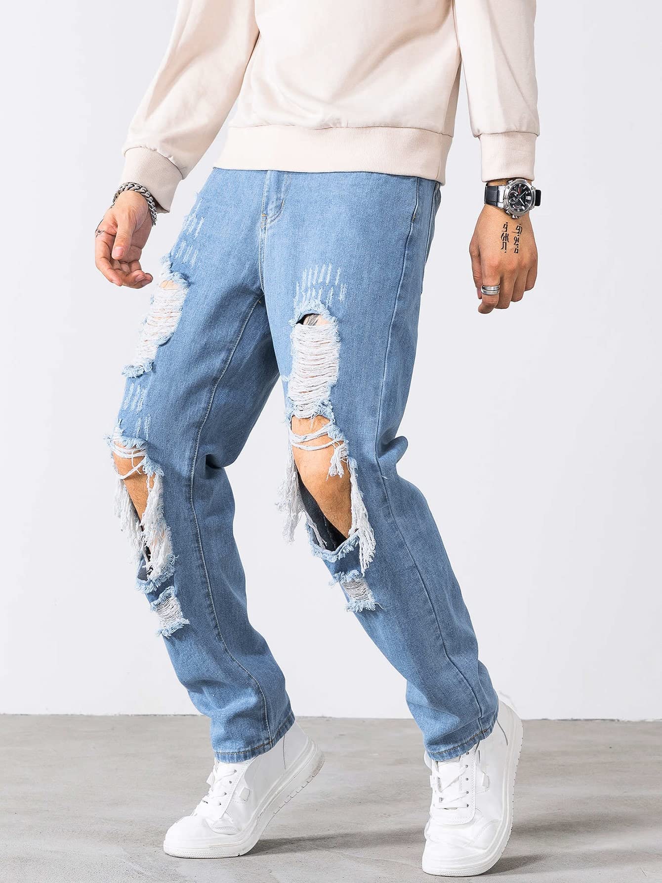 WDIRARA Men's Cut Out Ripped Frayed Zipper Fly Long Straight Leg Denim Jeans Light Wash S