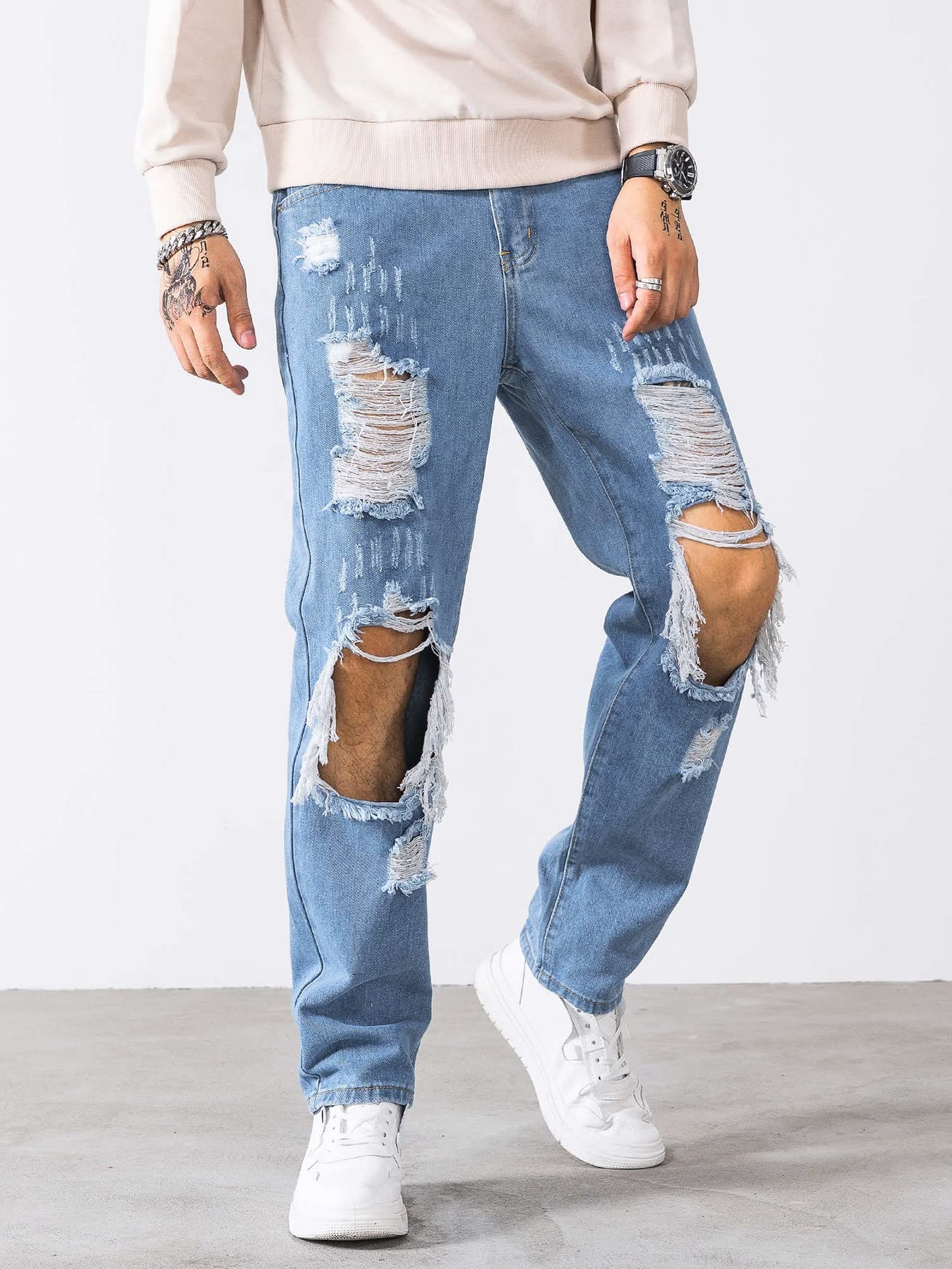 WDIRARA Men's Cut Out Ripped Frayed Zipper Fly Long Straight Leg Denim Jeans Light Wash S