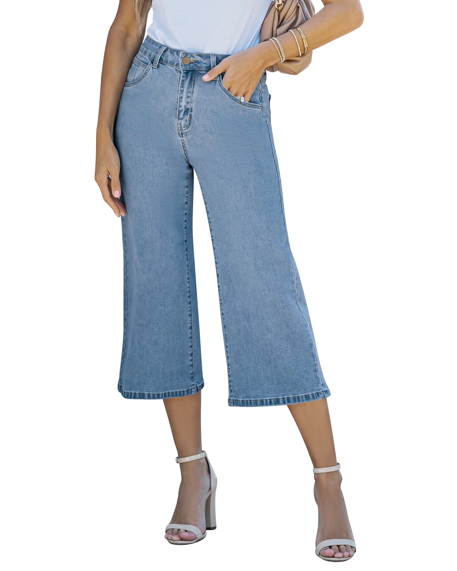 Vetinee Wide Leg Jeans for Women Plus Size Summer Pants Women Denim Jeans Women's Capris with Pockets High Waisted Wide Leg Jeans Roadknight Blue X-Large Size 16 18