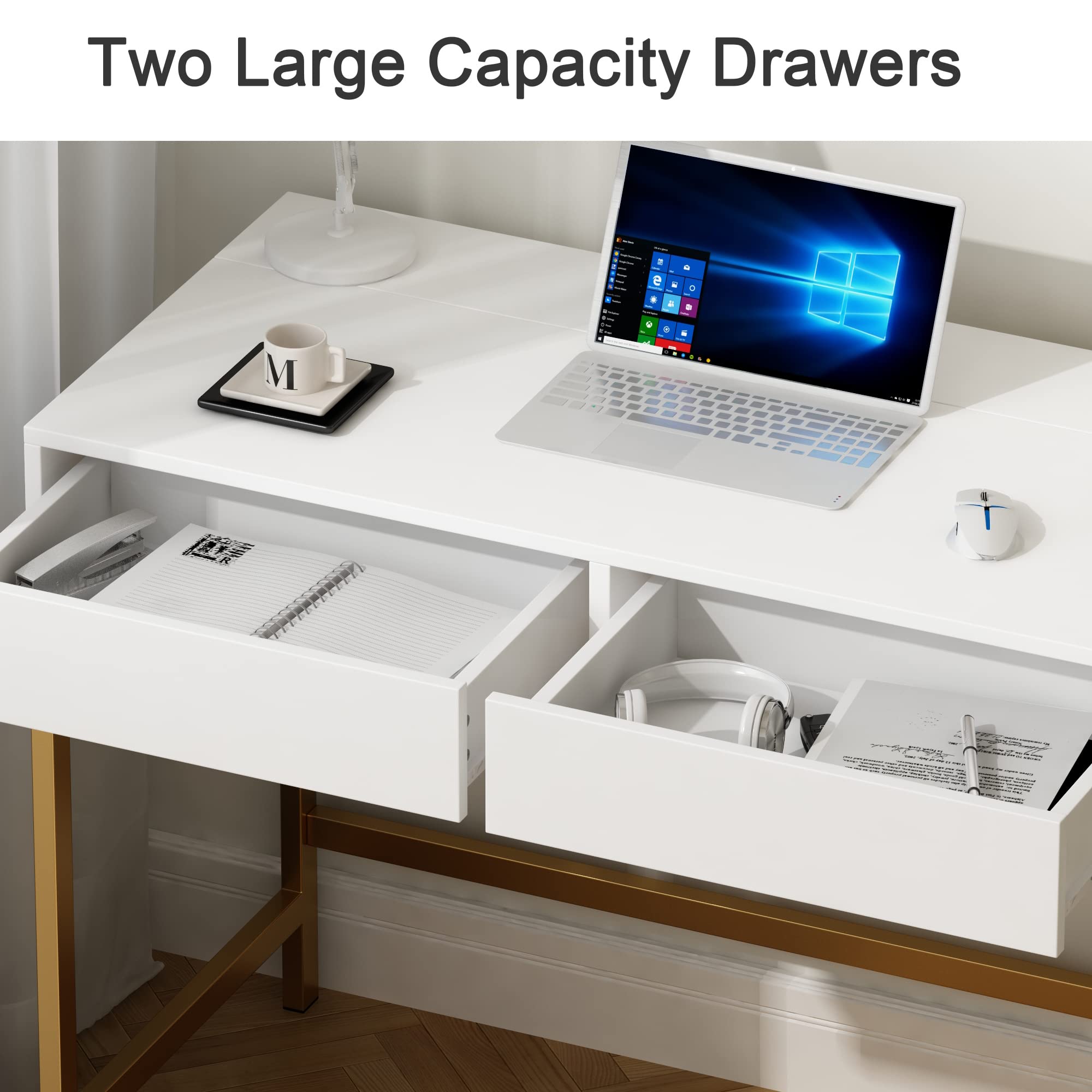 Treocho Computer Desk with USB Charging Ports and Power Outlets, Modern Simple 40 inch Vanity Desk with 2 Drawers, Makeup Table for Home Office, Bedroom, White and Gold