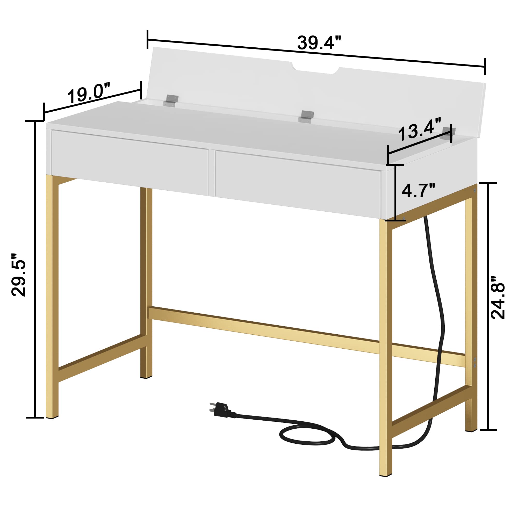 Treocho Computer Desk with USB Charging Ports and Power Outlets, Modern Simple 40 inch Vanity Desk with 2 Drawers, Makeup Table for Home Office, Bedroom, White and Gold