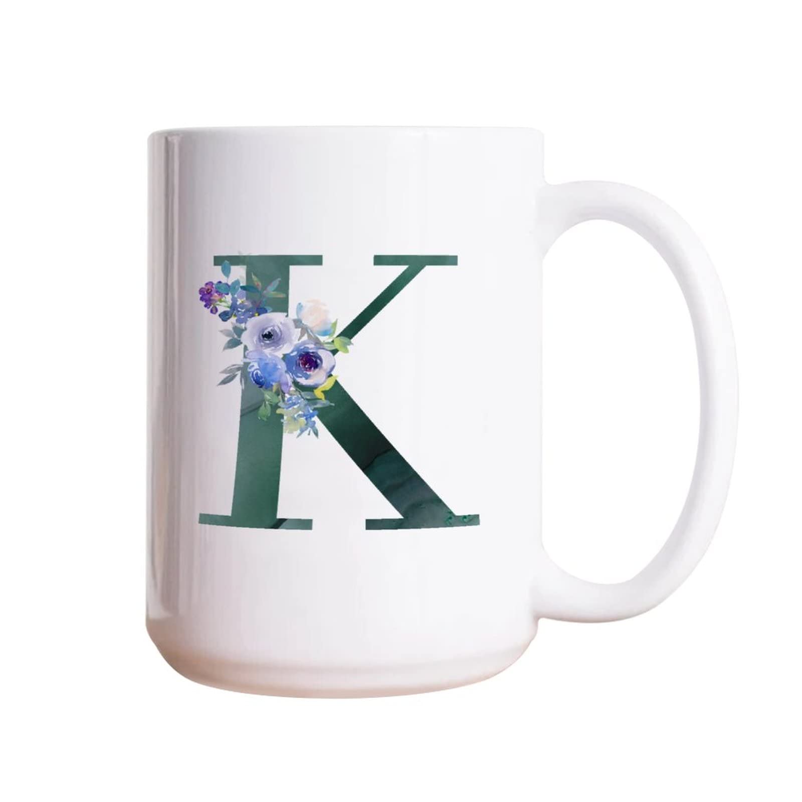 Christmas Funny White Ceramic Coffee Mug 15oz Blue Floral Green Initial Letter K Monogram Alphabet Coffee Cup Humorous Tea Milk Juice Mug Novelty Gifts for Xmas Colleagues Girl Boy