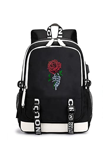 TwinYe Skeleton Hand White Red Rose Flower Backpack with USB Charging Port for Teen. (Red Rose), Black