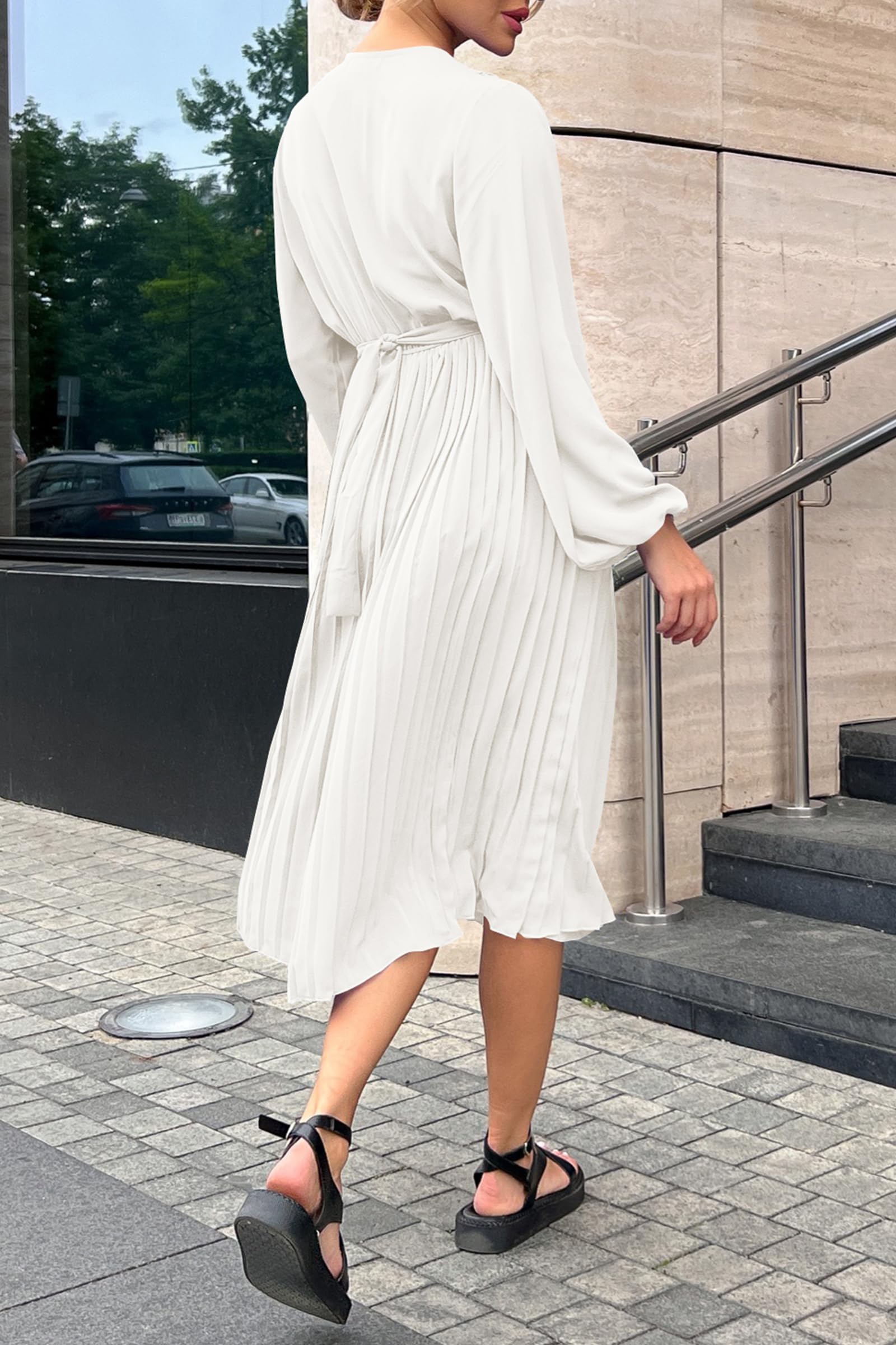 PRETTYGARDEN Women's Spring Midi Dress Long Puff Sleeve Wrap V Neck Flowy Ruffle Pleated Casual Fall Dresses (White,X-Large)