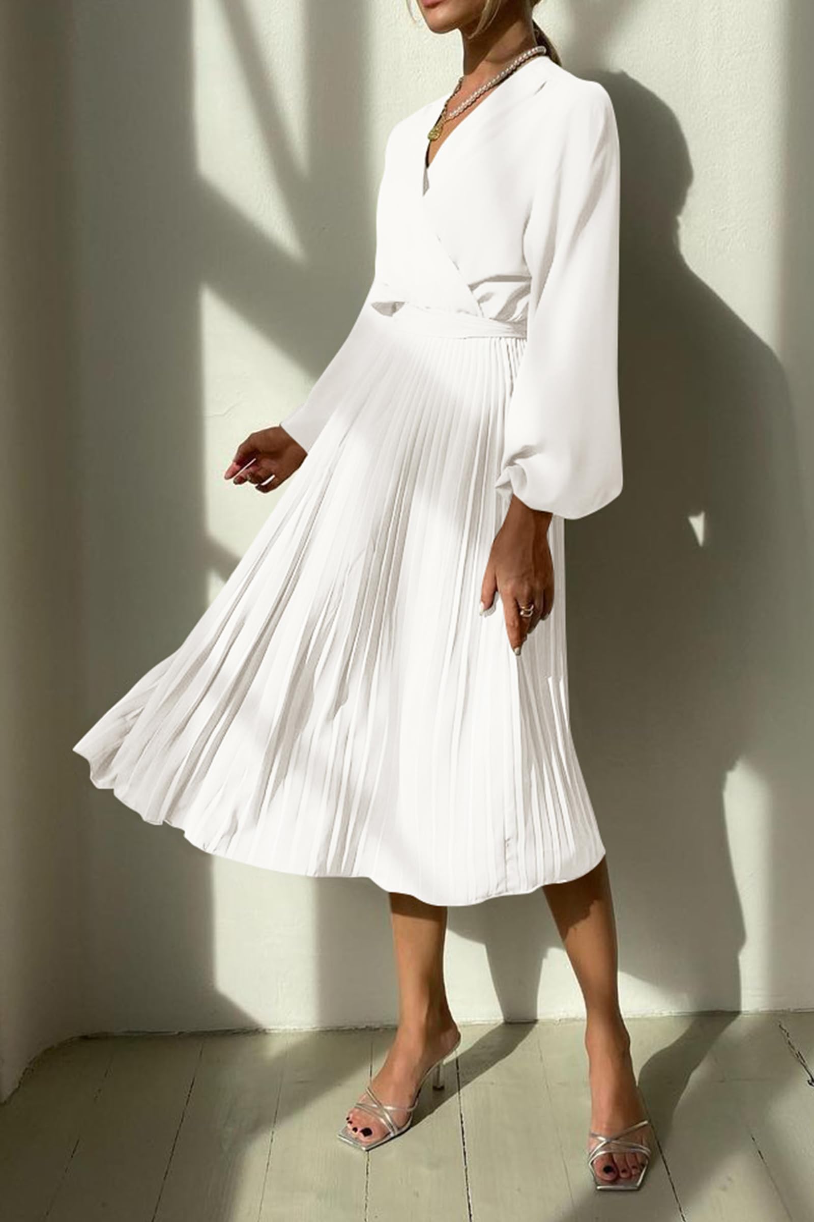 PRETTYGARDEN Women's Spring Midi Dress Long Puff Sleeve Wrap V Neck Flowy Ruffle Pleated Casual Fall Dresses (White,X-Large)