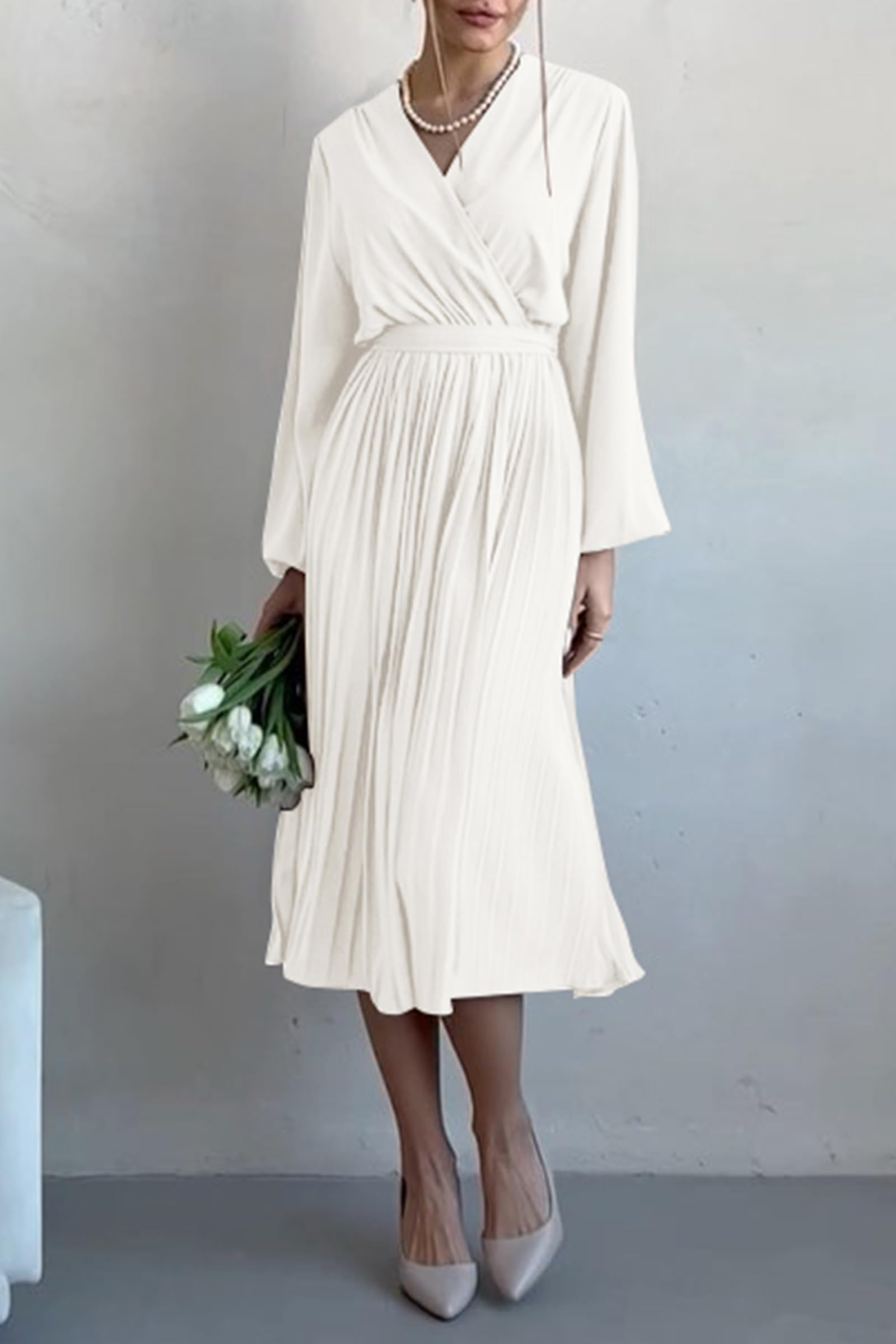 PRETTYGARDEN Women's Spring Midi Dress Long Puff Sleeve Wrap V Neck Flowy Ruffle Pleated Casual Fall Dresses (White,X-Large)