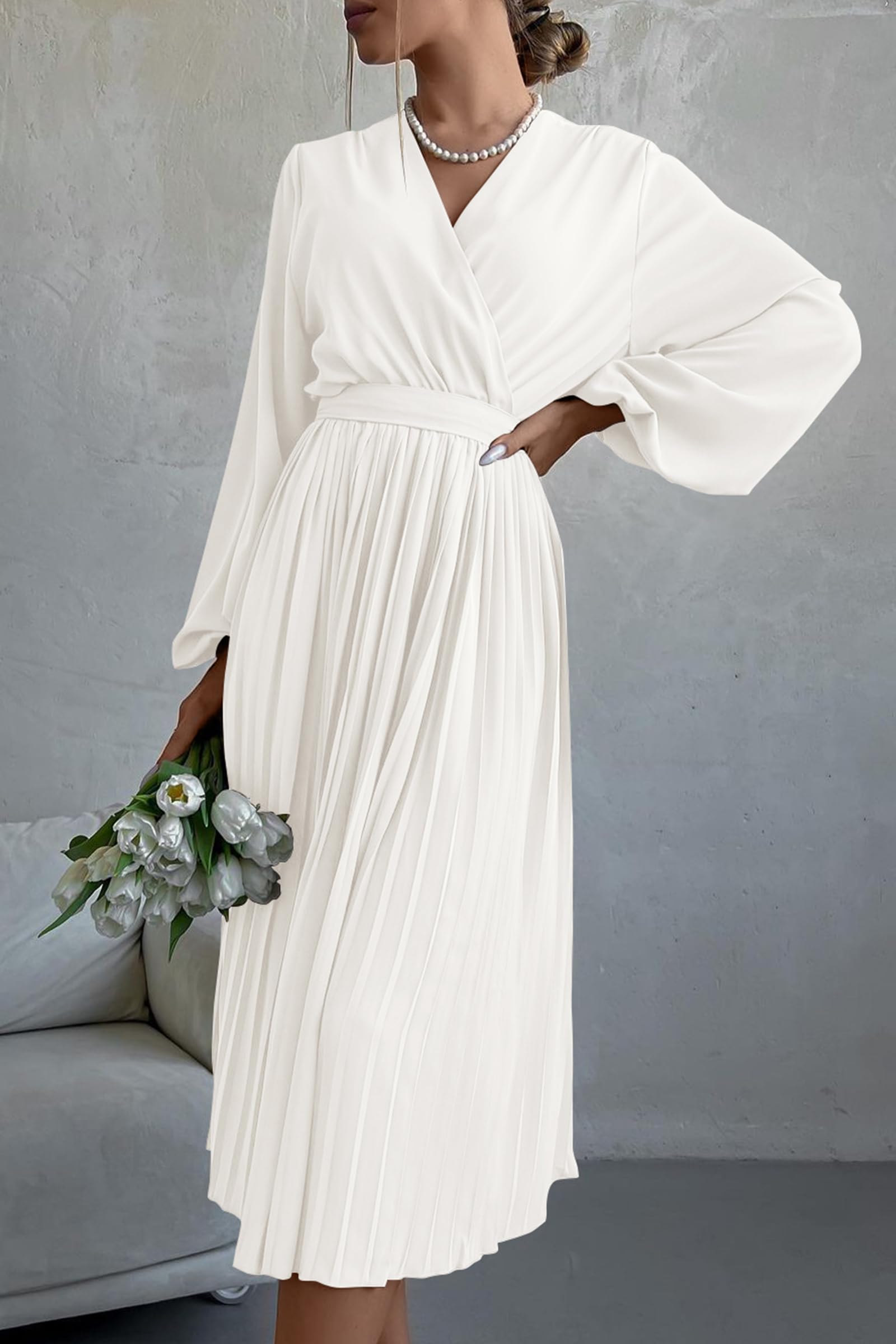 PRETTYGARDEN Women's Spring Midi Dress Long Puff Sleeve Wrap V Neck Flowy Ruffle Pleated Casual Fall Dresses (White,X-Large)