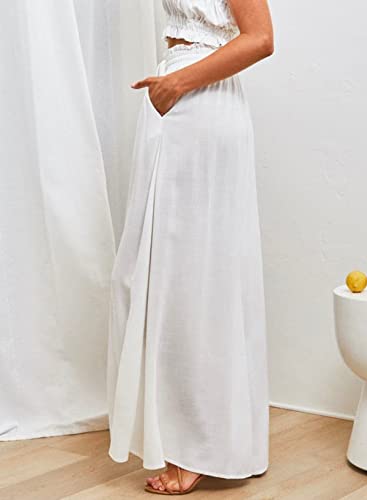 EVALESS Women's Comfy Wide Leg Pants Casual Drawstring Elastic Waist Lounge Culottes with Pockets White X-Large