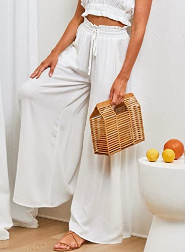 EVALESS Women's Comfy Wide Leg Pants Casual Drawstring Elastic Waist Lounge Culottes with Pockets White X-Large
