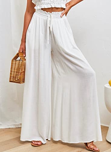 EVALESS Women's Comfy Wide Leg Pants Casual Drawstring Elastic Waist Lounge Culottes with Pockets White X-Large