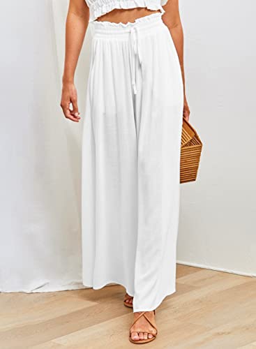 EVALESS Women's Comfy Wide Leg Pants Casual Drawstring Elastic Waist Lounge Culottes with Pockets White X-Large