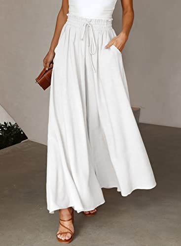 EVALESS Women's Comfy Wide Leg Pants Casual Drawstring Elastic Waist Lounge Culottes with Pockets White X-Large