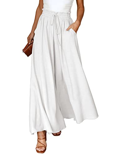EVALESS Women's Comfy Wide Leg Pants Casual Drawstring Elastic Waist Lounge Culottes with Pockets White X-Large