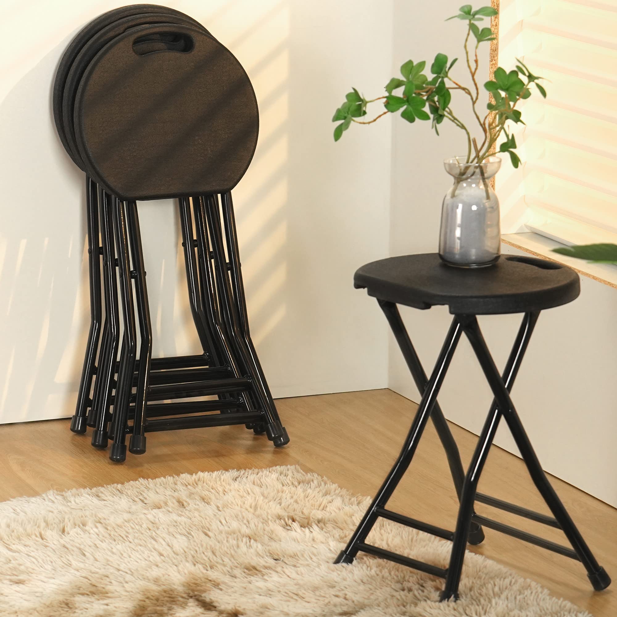 Allpop 2 Pack Folding Stool 18 Inch, Foldable Stool Chair Set of 2, 550lbs Capacity, Portable Round Bar Stool with Handle for Adults Kitchen Garden, Black