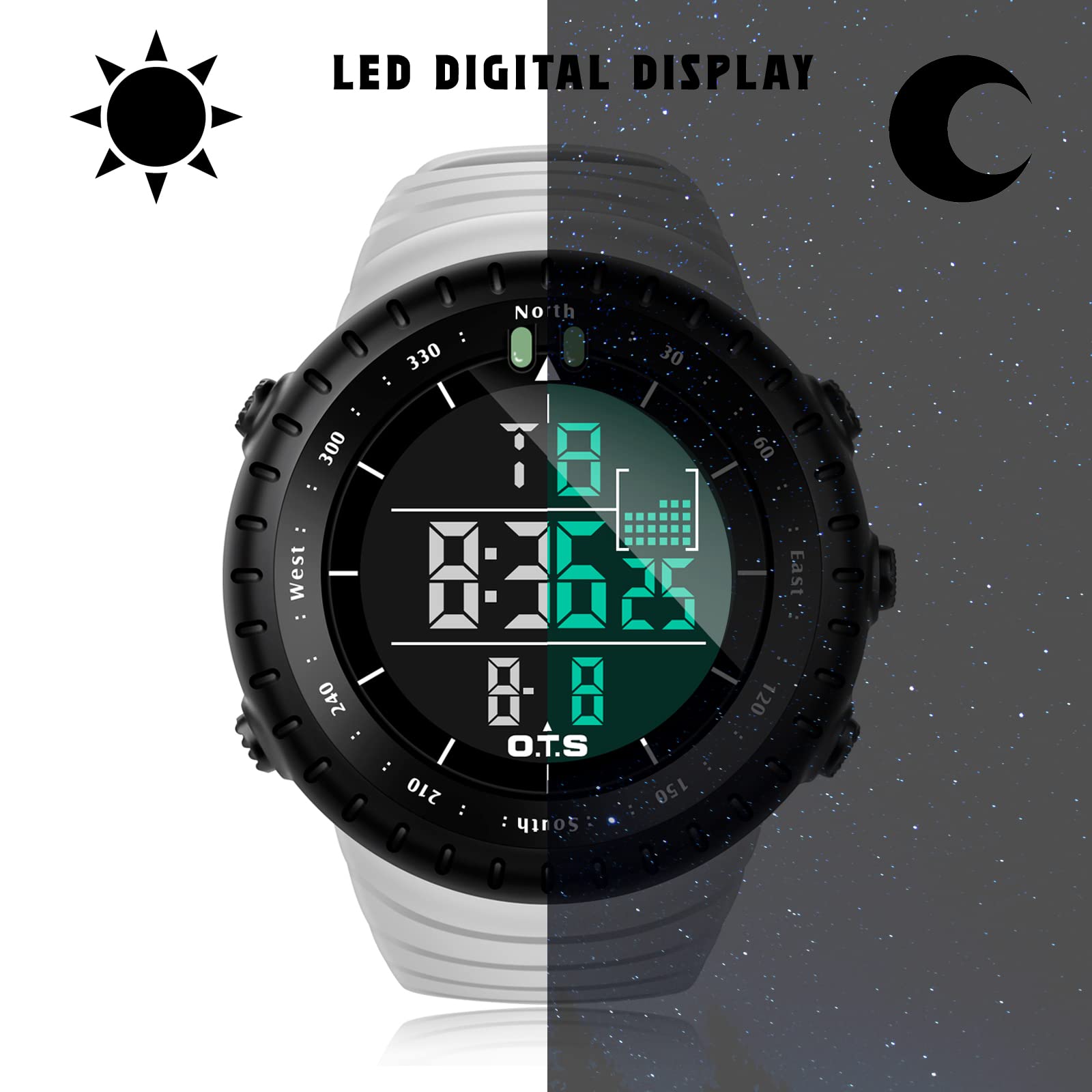 PALADA Men's Digital Sports Watch Waterproof Tactical Watch with LED Backlight Watches for Men (Grey White)