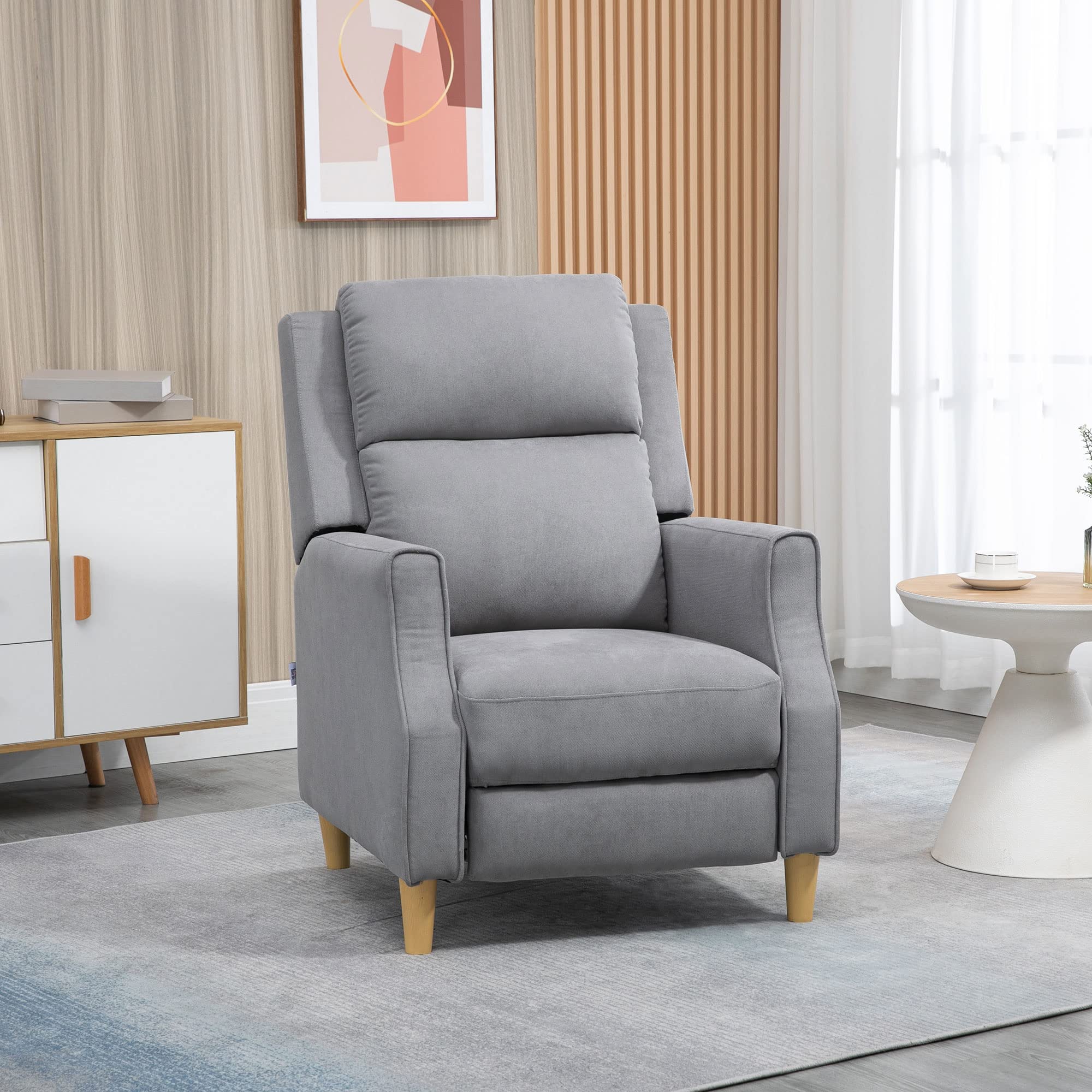 HOMCOM Fabric Recliner Chair, Modern Push Back Reclining Chair, Accent Lounge Arm Chair with Footrest, Solid Wood Legs, Gray