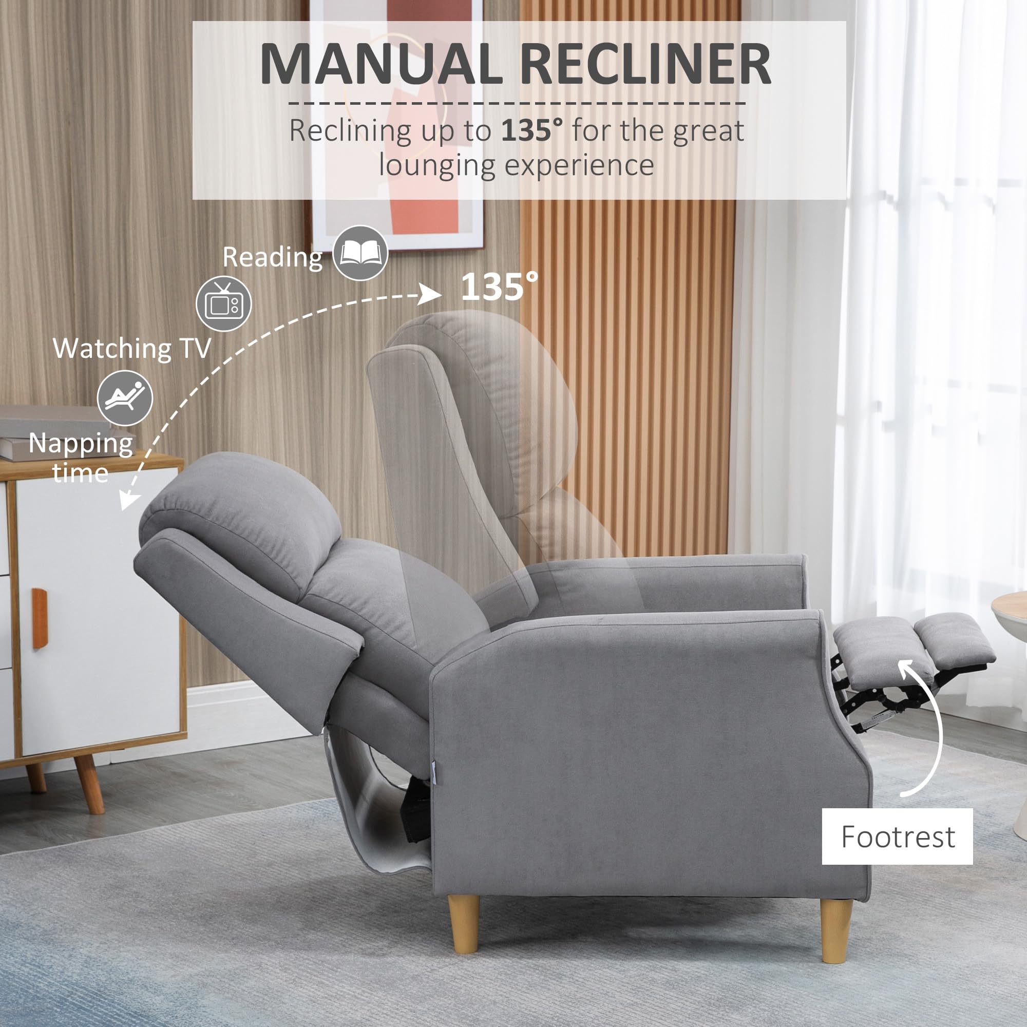 HOMCOM Fabric Recliner Chair, Modern Push Back Reclining Chair, Accent Lounge Arm Chair with Footrest, Solid Wood Legs, Gray